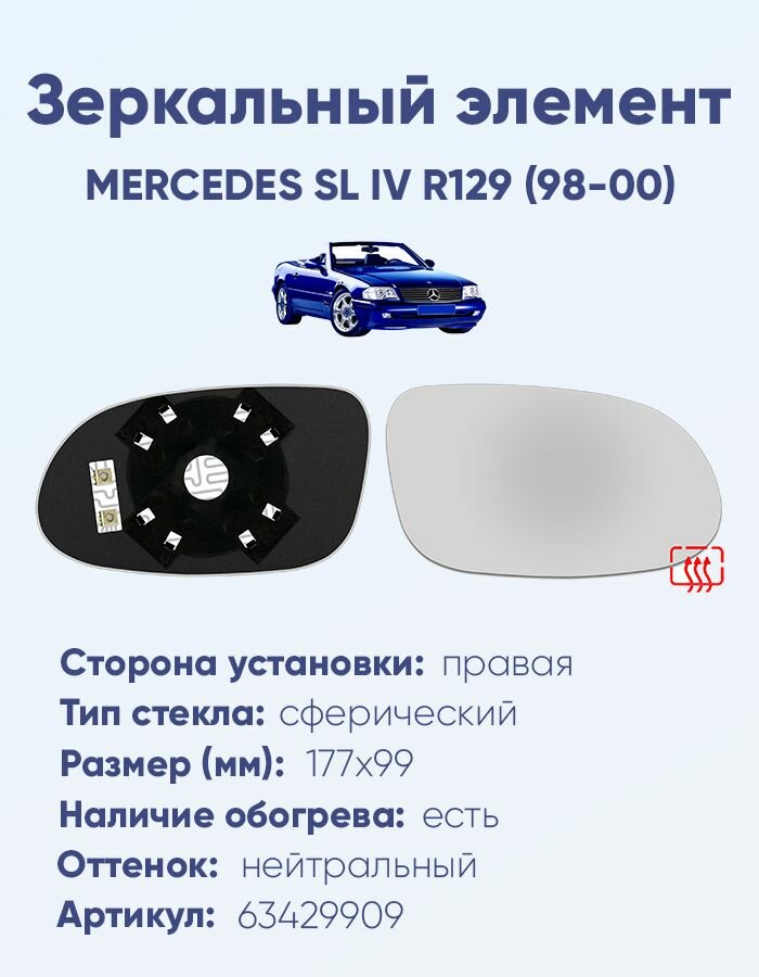 Зеркальный элемент правый MERCEDES SL IV R129 (98-00) сфера нейтральный с обогревом