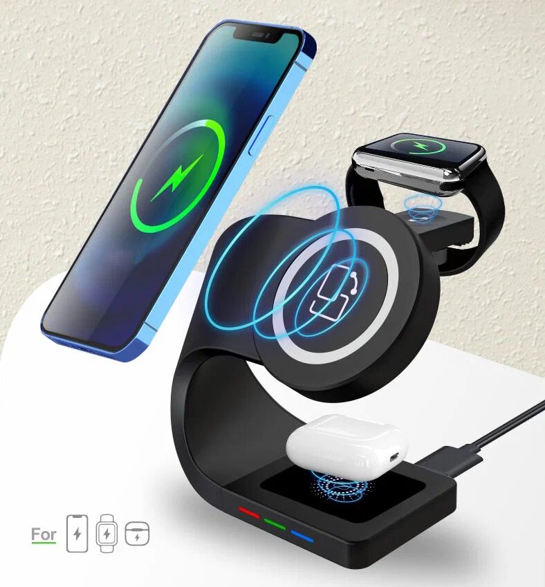Беспроводная зарядная станция 4 в 1 для iPhone Watch AirPods / Магнитное зарядное устройство для смартфона / часов / наушников