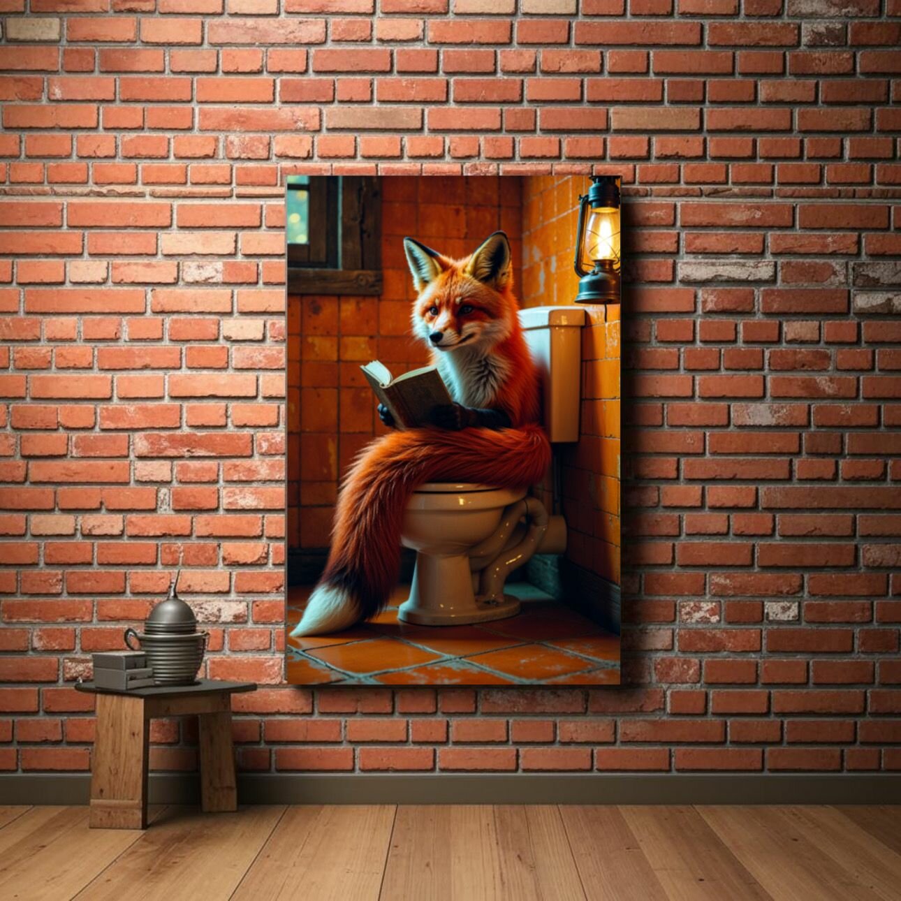 Картина в туалет, Лиса читает книгу на унитазе, 50*70 см