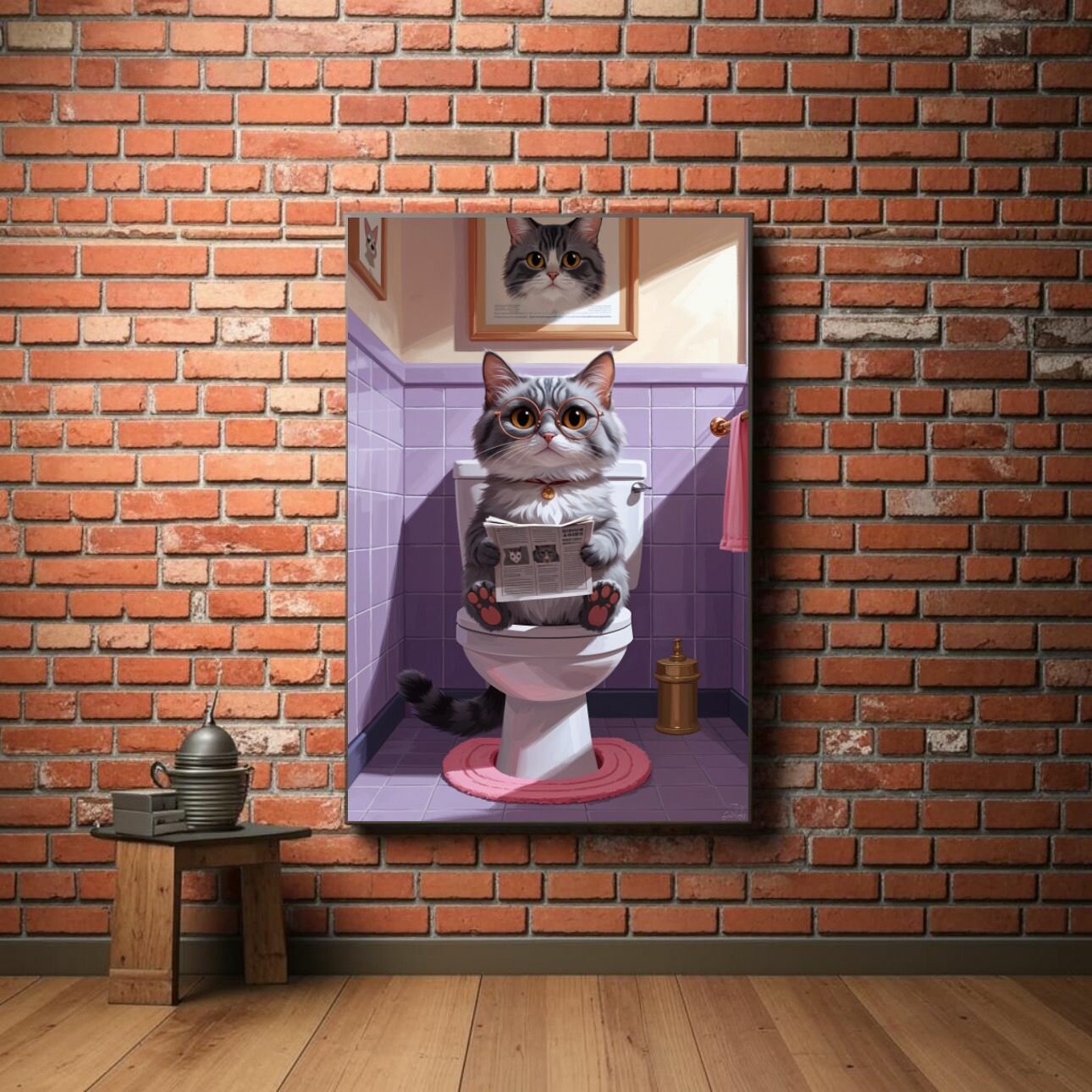 Картина в туалет, Кот читает газету на унитазе, 20*30 см