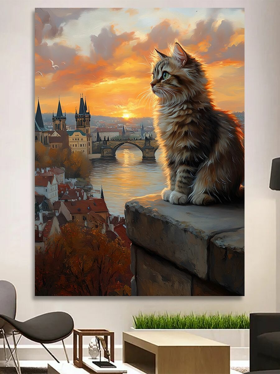 Коты / городской пейзаж, картина с котом /с природой, картина на холсте, 50х70 см.