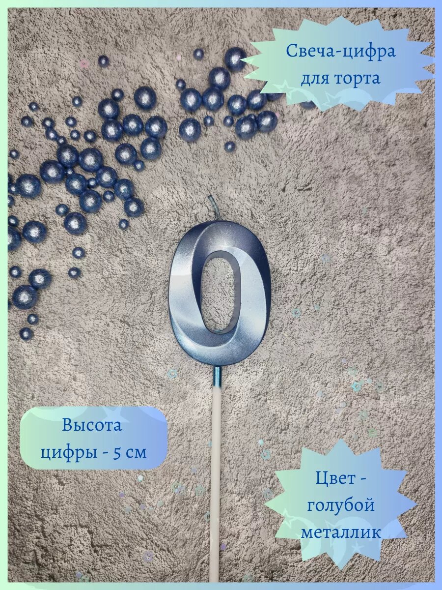 Свеча-цифра "0", для торта, голубая, хлопок, парафиновая, 5 см