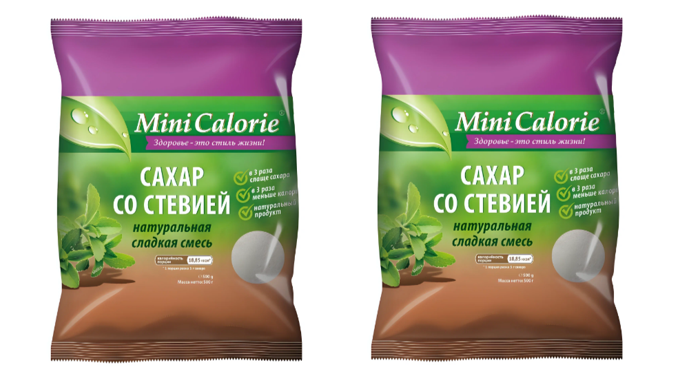 Сахар Mini Calorie со стевией, в 3 раза слаще сахара, 500 гр, 2 уп
