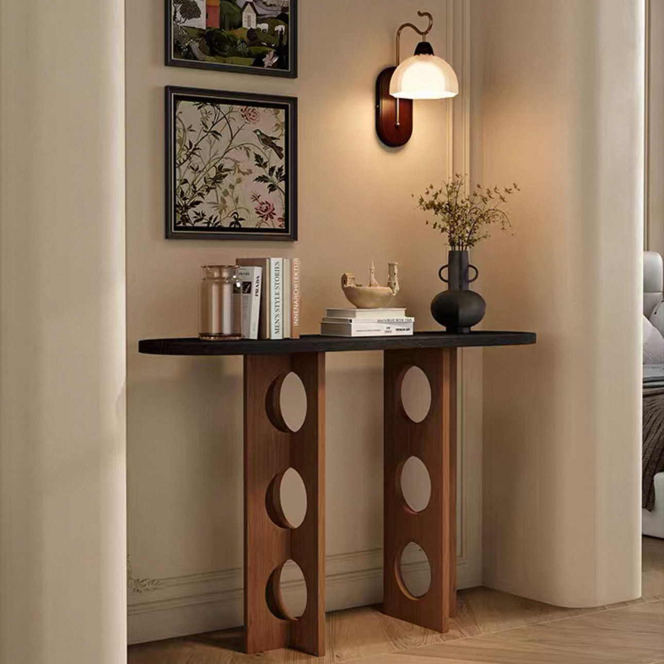 Интерьерная деревянная консоль Majournet (черная столешница / основание светлое дерево / 80см)