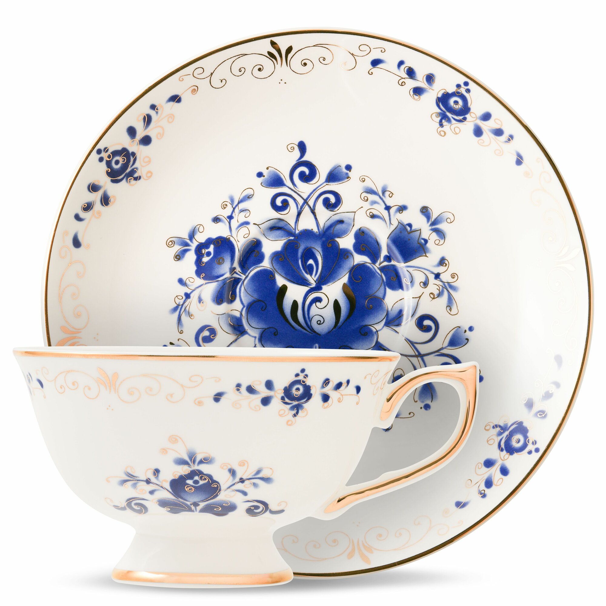 Чайная пара. Объединение "гжель". "Энтони" (Гжельский букет), 200мл, фарфор, золото