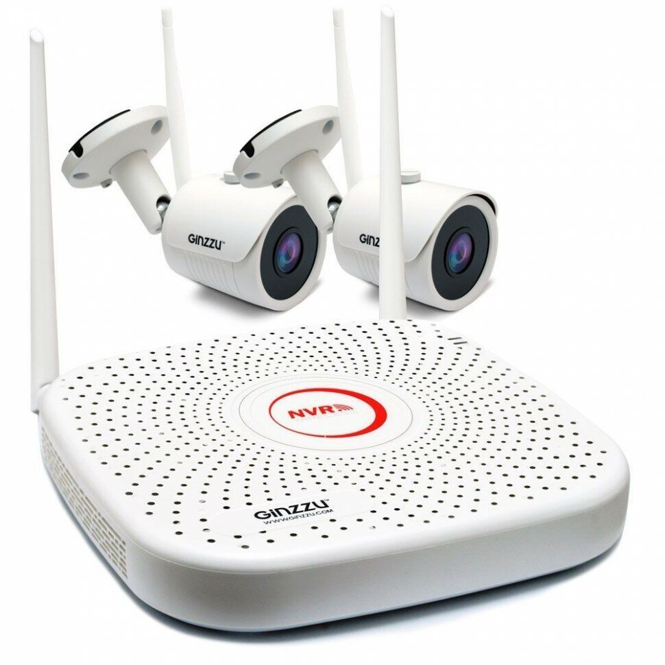 Комплект видеонаблюдения Ginzzu HK-428W, ИК-подсветка до 30м, 2 камеры, 5Мр, Wi-Fi, IP66