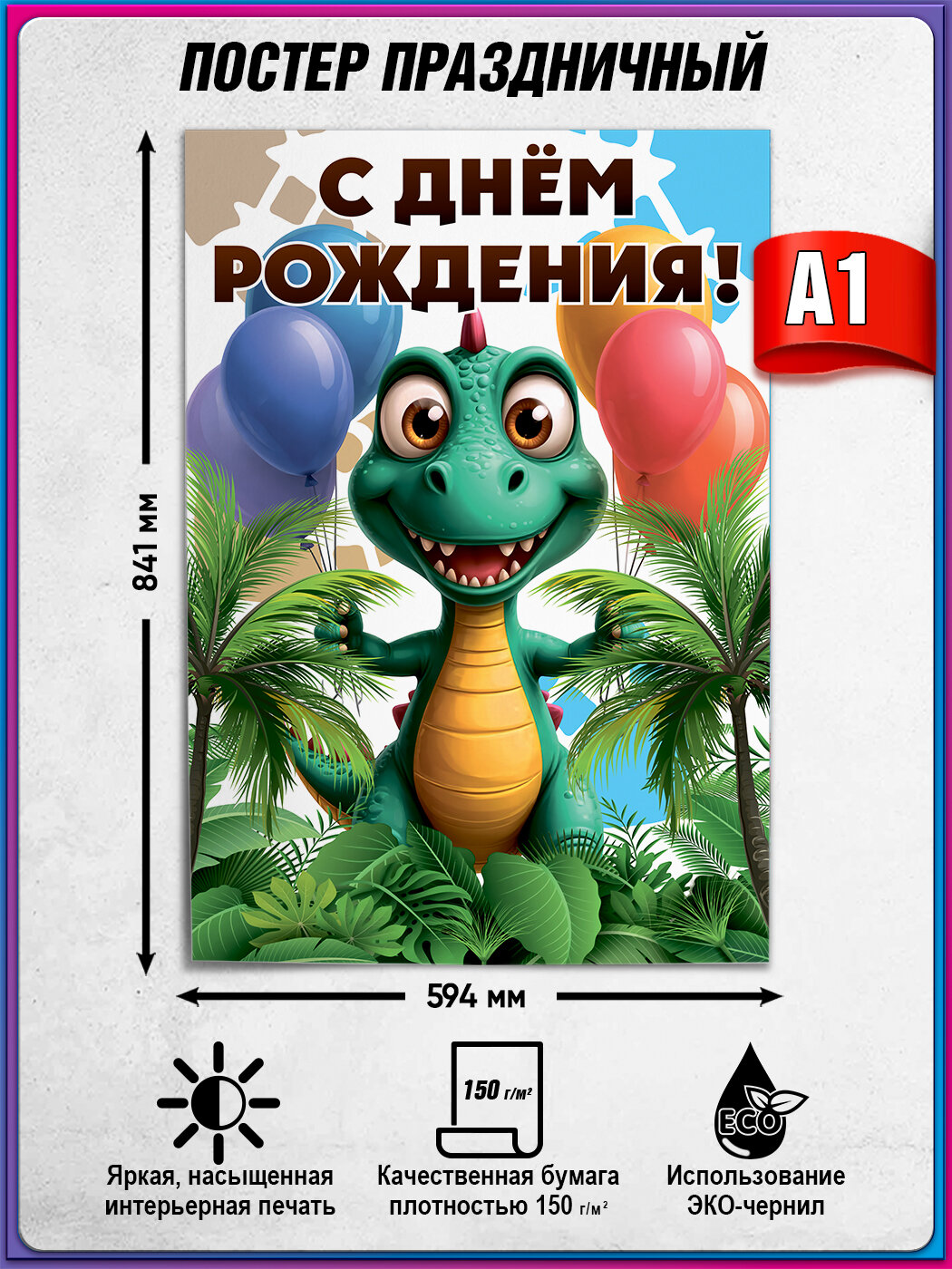 Плакат (постер) С Днём Рождения формата А1 (60х84 см) идеальный подарок