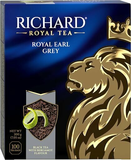 Чай черный RICHARD Royal Earl Grey Цейлонский с ароматом бергамота байховый, 100пак