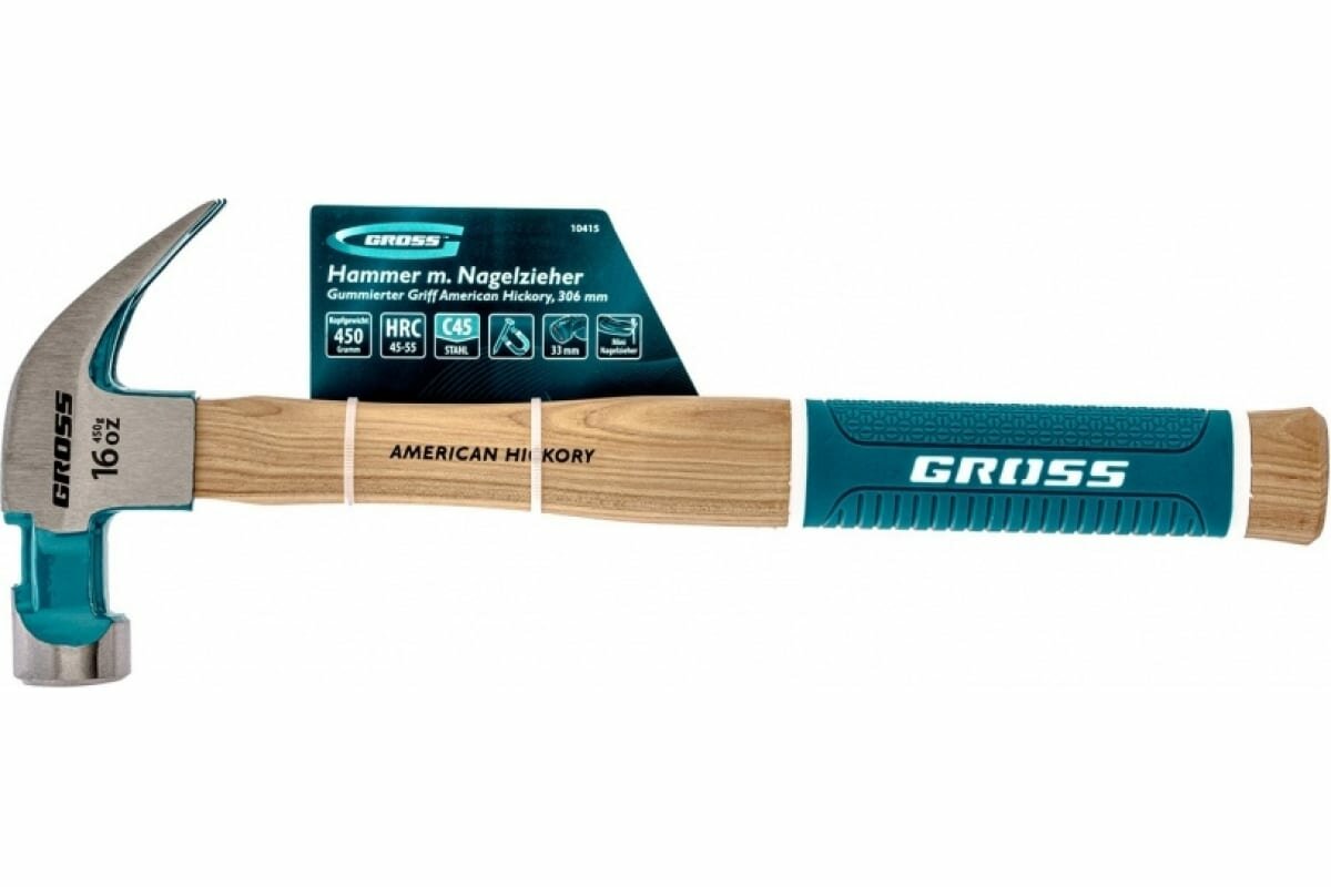 Молоток‑гвоздодер GROSS American Hickory 10415 с углом 45°, магнитом и обрезиненной рукояткой
