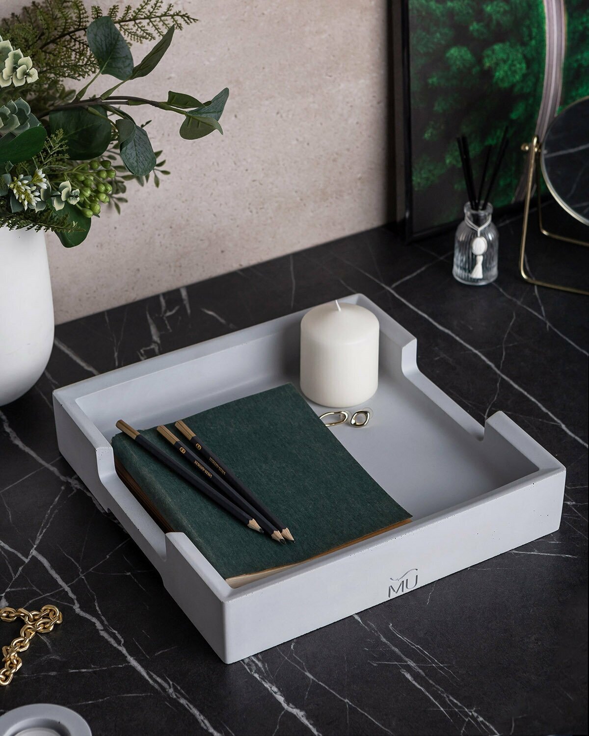 Декоративный поднос MUSKO HOME James Square L, бетон, Light Gray