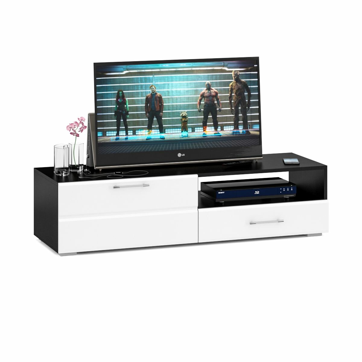 Тумба под телевизор напольная в гостиную глянцевая 140см корпус венге/фасады МДФ белый глянец