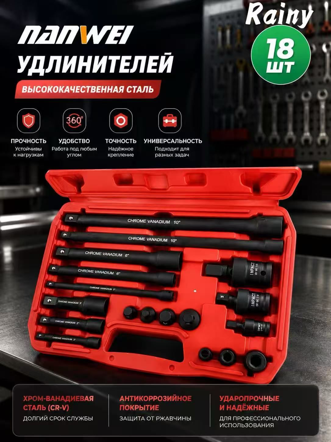 Набор ударных головок 18 шт, 1/2", хром-ванадиевая сталь, для гайковерта и авторемонта, в кейсе