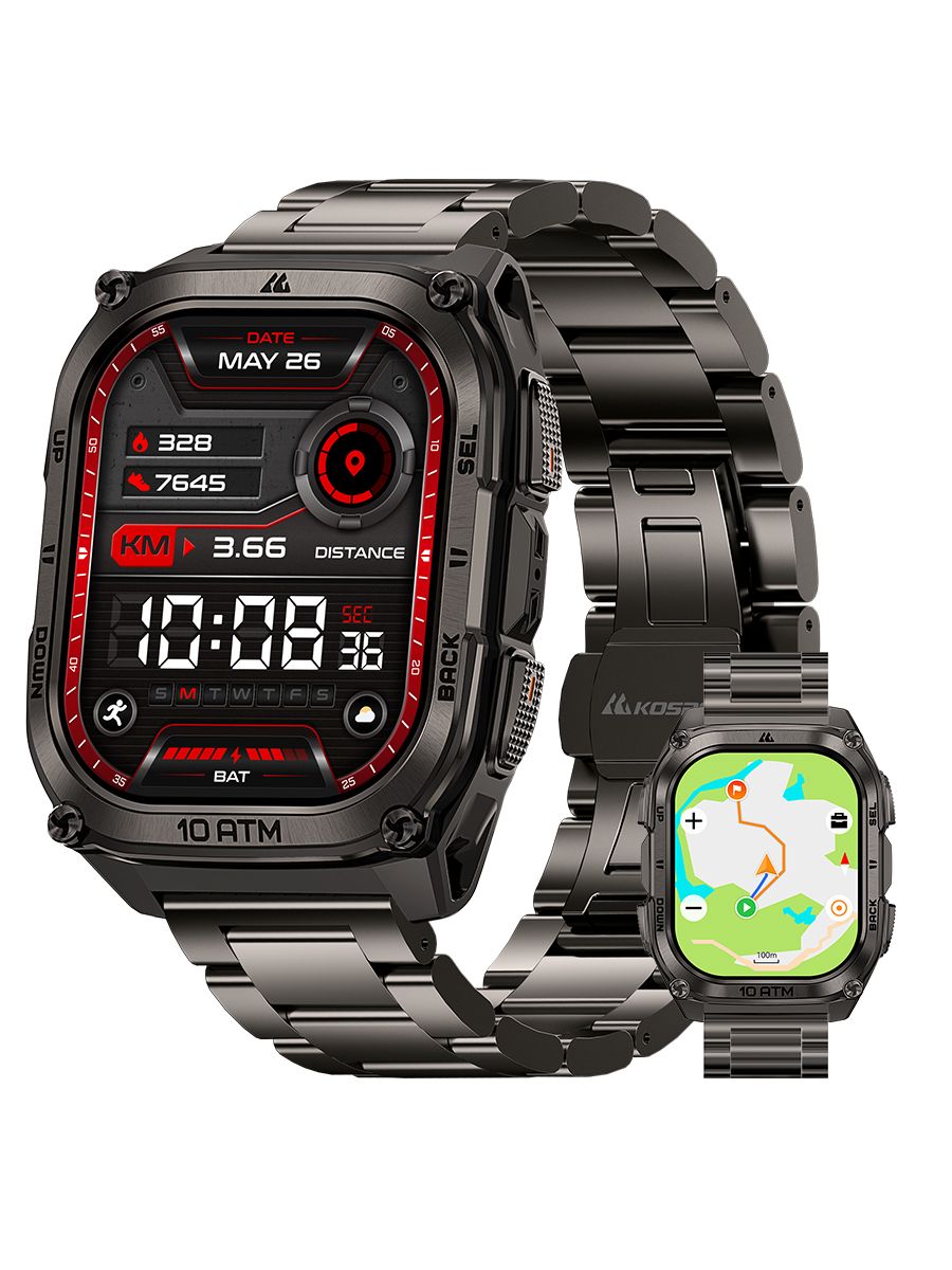 KOSPET TANK M4 GPS-смарт часы для мужские, Военный стандарт, Полностью из нержавеющей стали, 150 м водонепроницаемости, офлайн-карты и отслеживание здоровья, черный