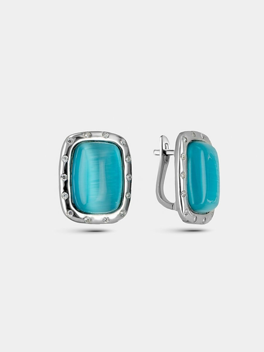 Серьги, серебро, 925 проба, родирование, улексит синтетический, фианит