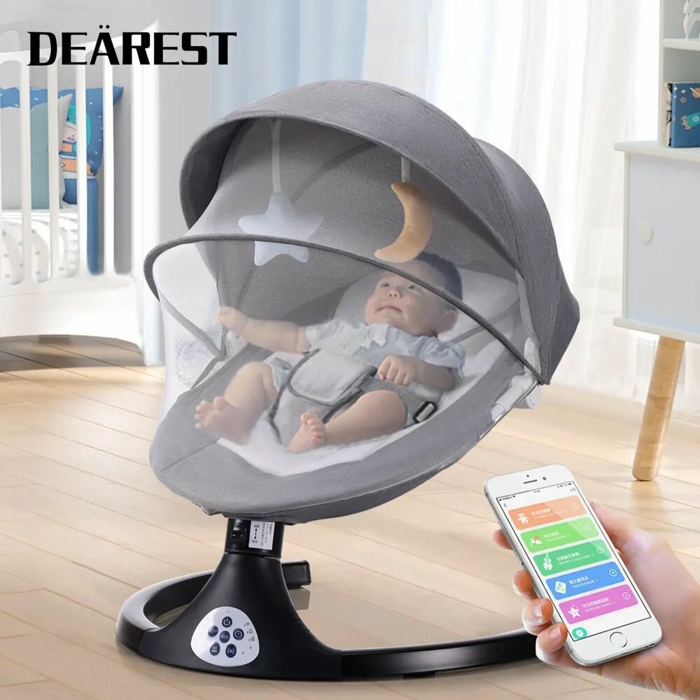 Электрокачели для новорожденных DEAREST детский шезлонг, баунсер от 0+, с функцией "умное укачивание", подвесными игрушками и дополнительной подушкой под голову -enj