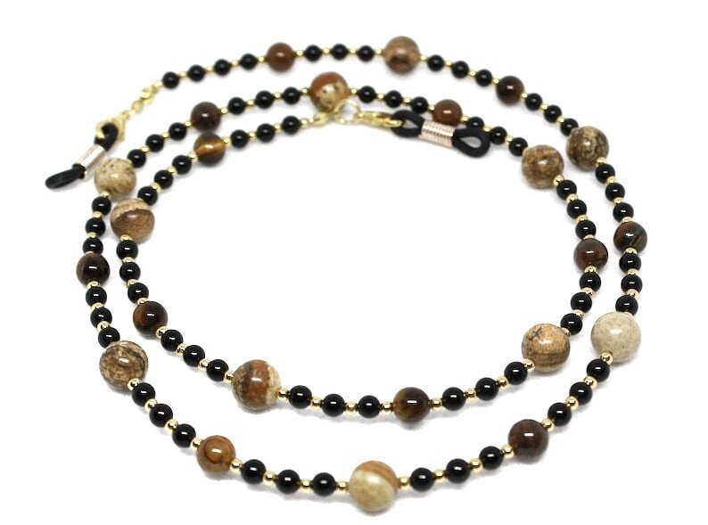 Цепочка для очков из натурального агата, песочной яшмы и золотого гематита коричневая шнурок для очков Hrustalek