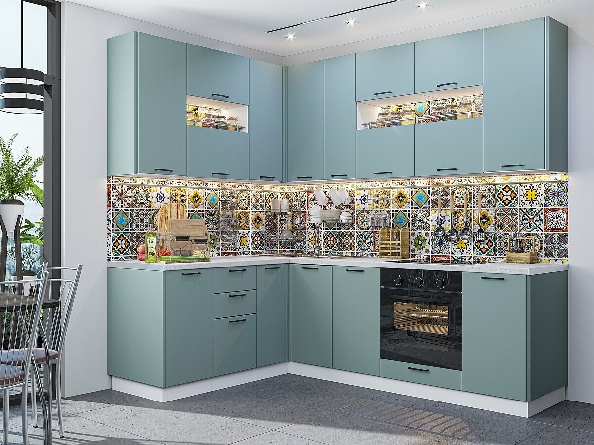 Кухня Флэт-02, цвет фасада Grey-green In 2S, цвет каркаса Белый, 2340*1700/2400*600 мм