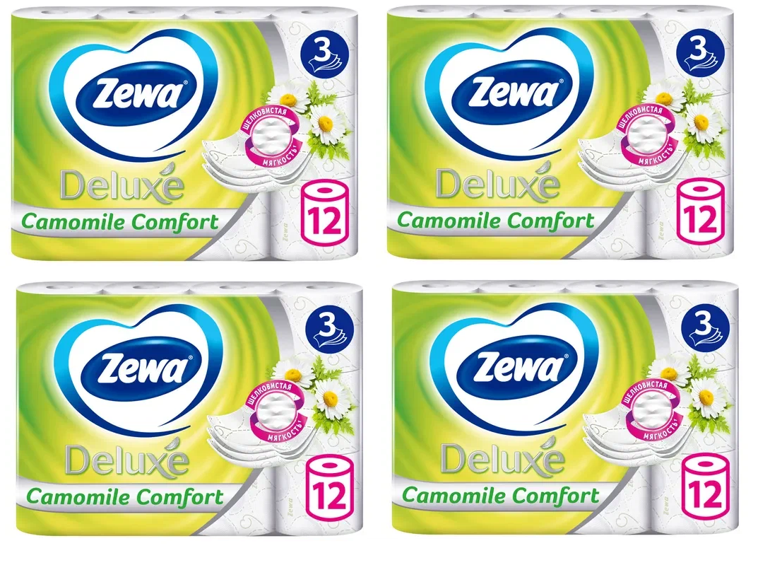 Туалетная бумага Zewa Deluxe Ромашка 3 слойная 12 штук, 4 уп