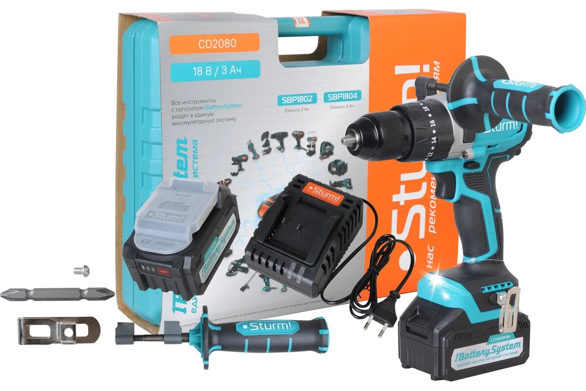 Шуруповерт Sturm! CD2080, 18V, быстрозажимной патрон, двойной аккумулятор, лампа подсветки