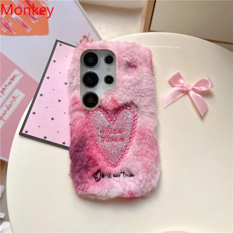 Чехол для телефона с вышитым плюшевым мехом Cute Love для Samsung Galaxy S25 Розовый, For S21 Plus