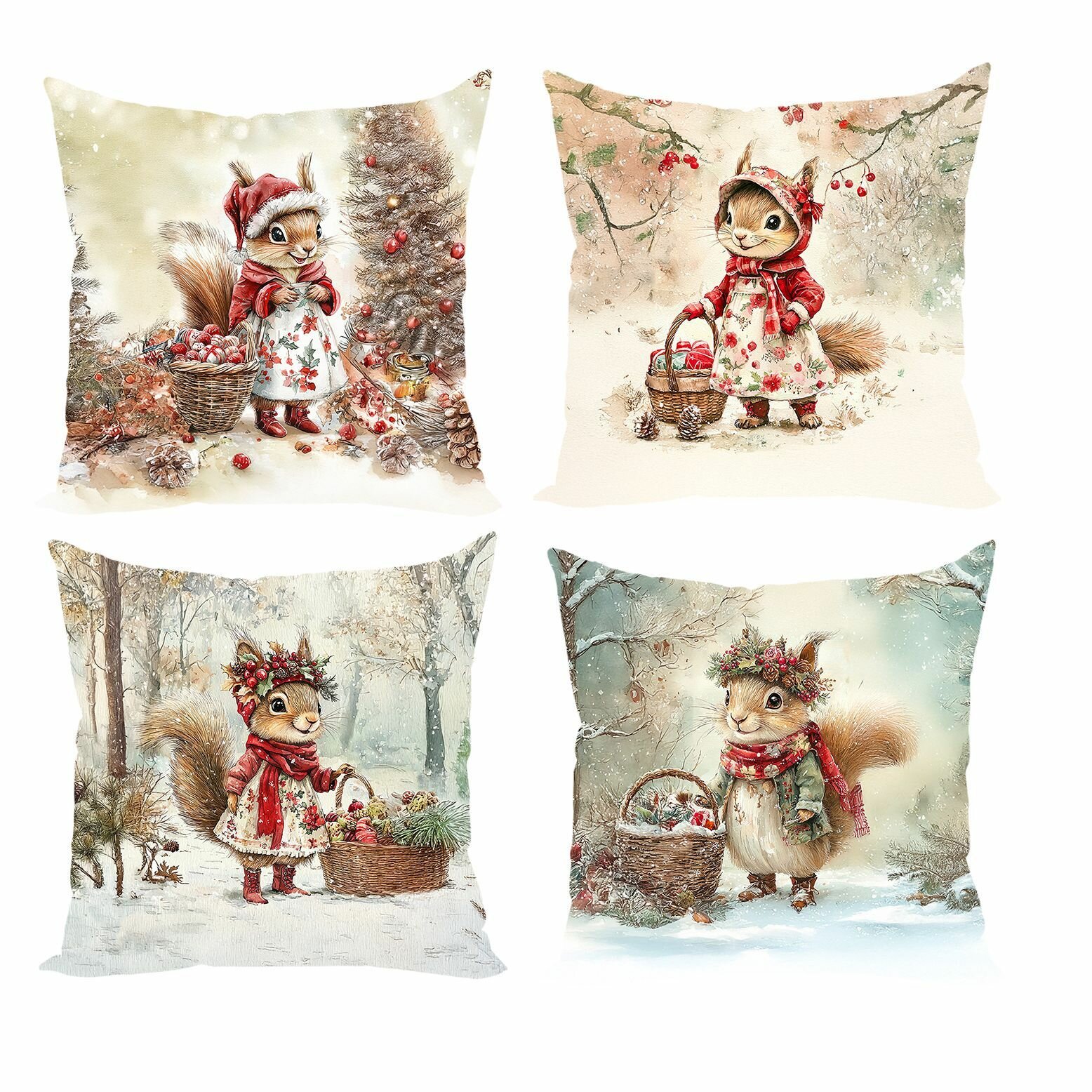 Набор декоративных наволочек 4 шт Белочки в новогоднем лесу 40х40 велюр