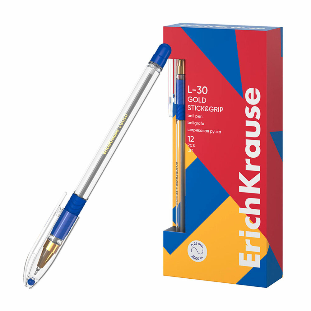 Упаковка 24 шт. Ручка шариковая масляная с грипом ERICH KRAUSE "L-30" Gold Stick&Grip, синяя, 0,7 мм, линия 0,26 мм, 61041