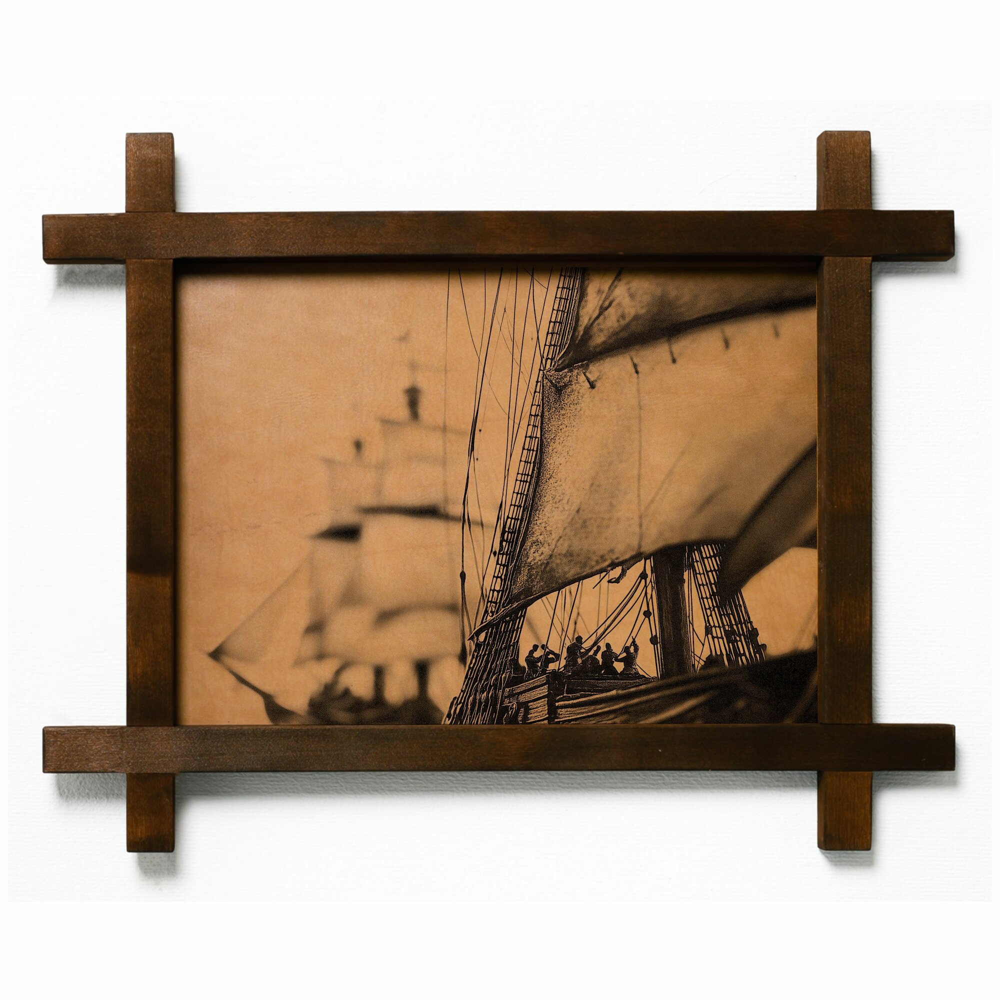Интерьерная картина из натуральной кожи "Пиратский фрегат", декоративное настенное панно в деревянной раме, BoomGift