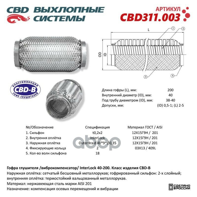 Гофра глушителя 3х-сл InterLDck 40-200 для UNIVERSAL /D=40mm L=200mm CBD CBD311.003 CBD арт. CBD311.003