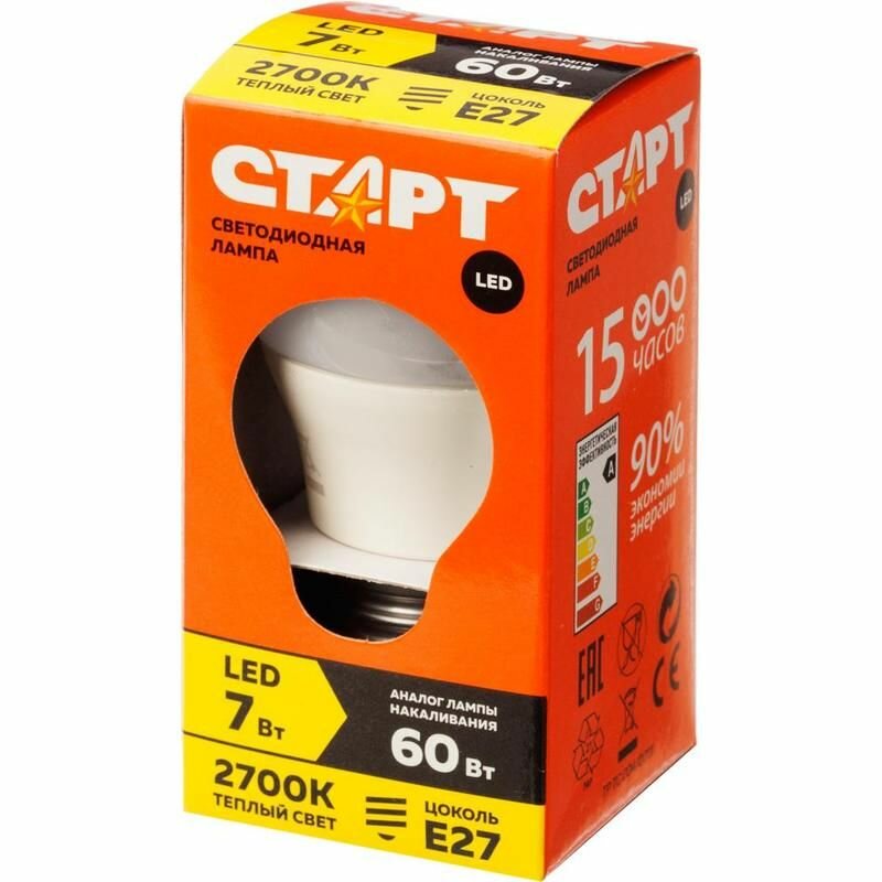 Лампа Старт "Eco", светодиодная, 7W, E27, 2700К, теплая белая, шар