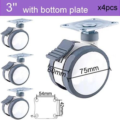 3-дюймовые ролики с двойным колесом Колесо для косметического оборудования с тормозами Бесшумный винт M12x25 11x20 мм Заглушка с плоской панелью Установка, A White