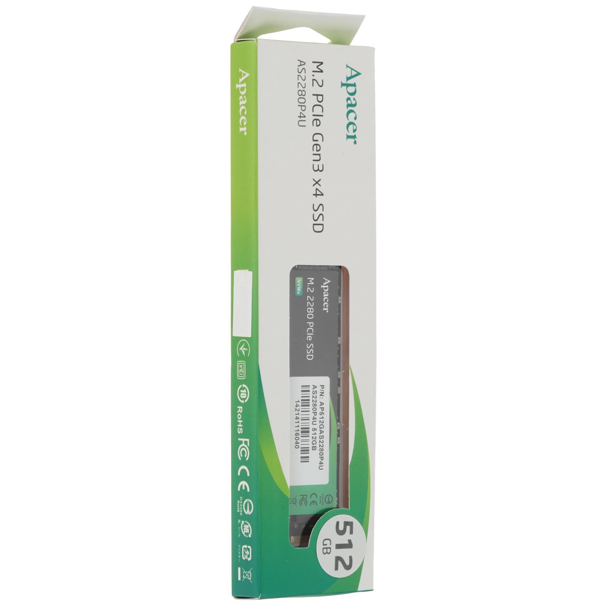 Накопитель SSD Apacer AS2280P4U, 512Gb, PCIe 3.0 x4, M.2 2280, NVMe, R/W 3500/2300