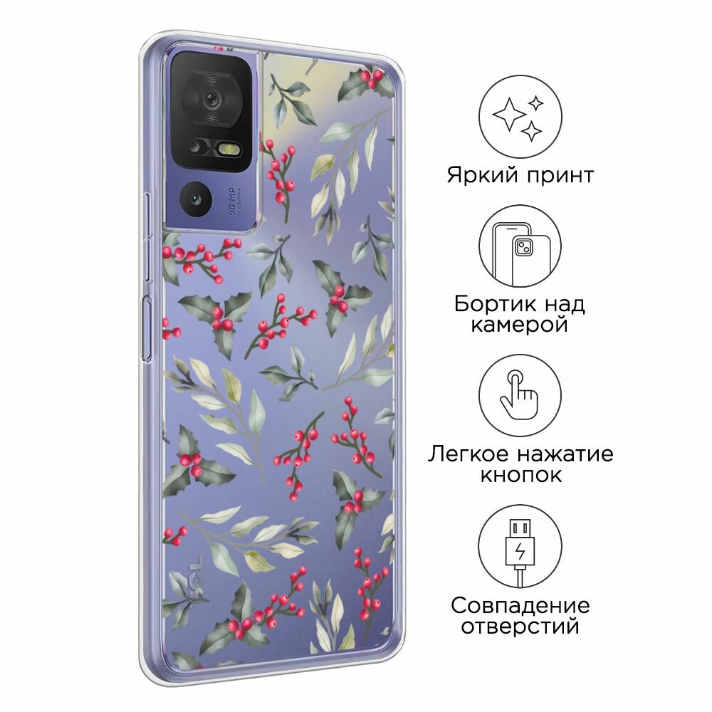 Чехол на TCL 40 SE / ТСЛ 40 SE с принтом Зимние ягоды паттерн, прозрачный — фото 1