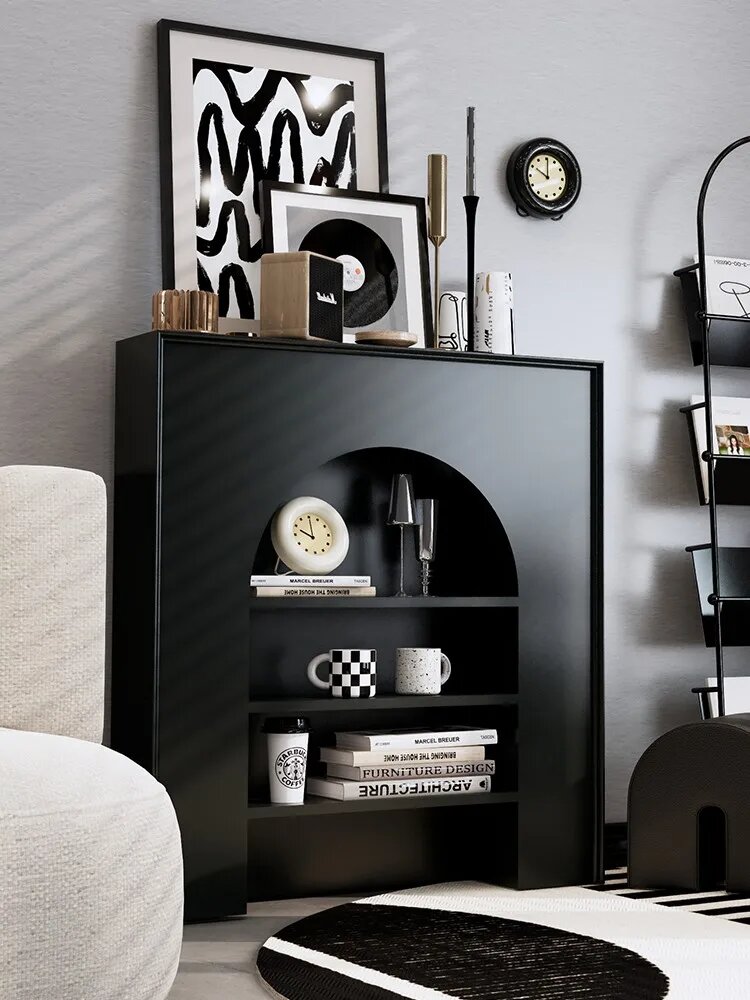 Простой входной камин, французский декоративный шкаф, фоновая стена, скандинавский вход, вход, коридор, витрина, шкафчик