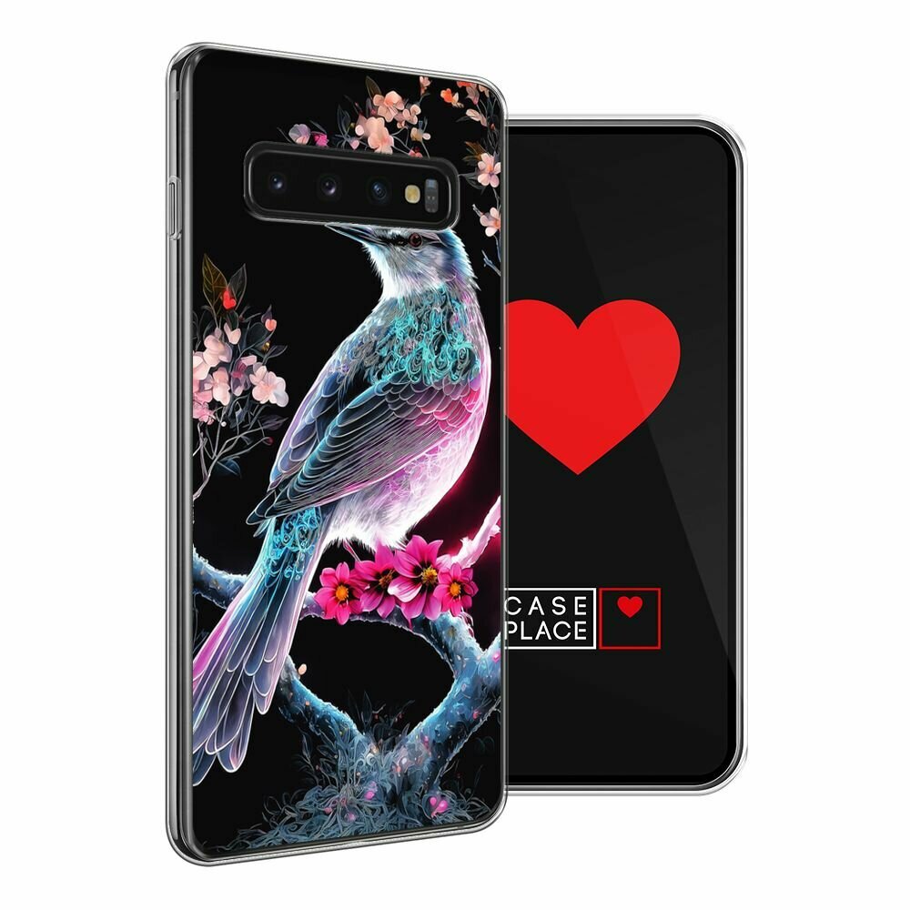 Чехол на Samsung Galaxy S10 / Самсунг Галакси S10 с принтом "Птица на цветущем дереве" — фото 1