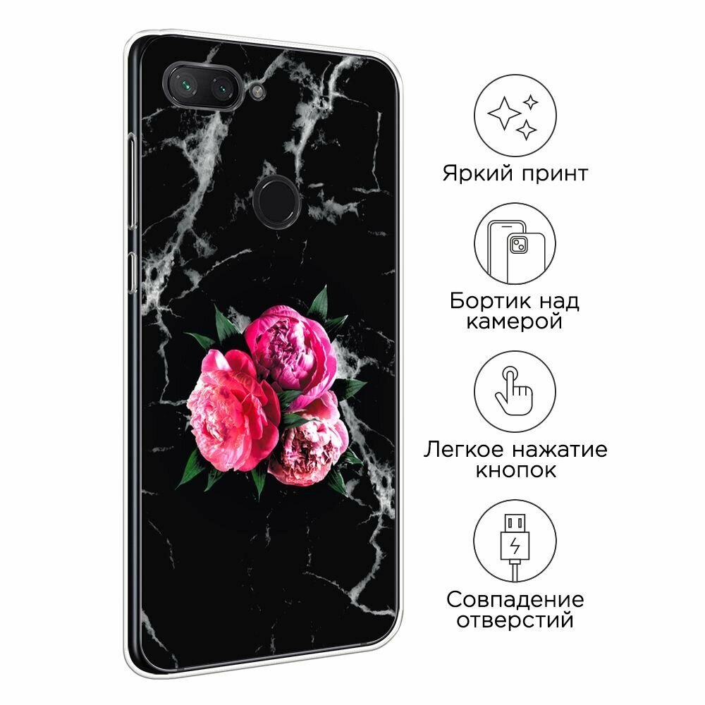 Чехол на Xiaomi Mi 8 Lite (Youth Edition) / Сяоми Ми 8 Лайт (Юс Эдишн) с принтом "Букет на черном мраморе" — фото 1