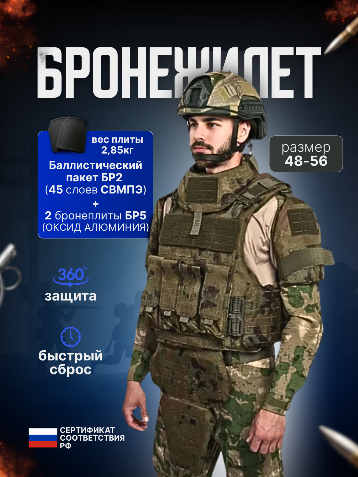 Бронежилет UNIVERSAL ARMOR Бр5 с баллистической защитой из свмпэ с бронеплитами. Цвет Мох