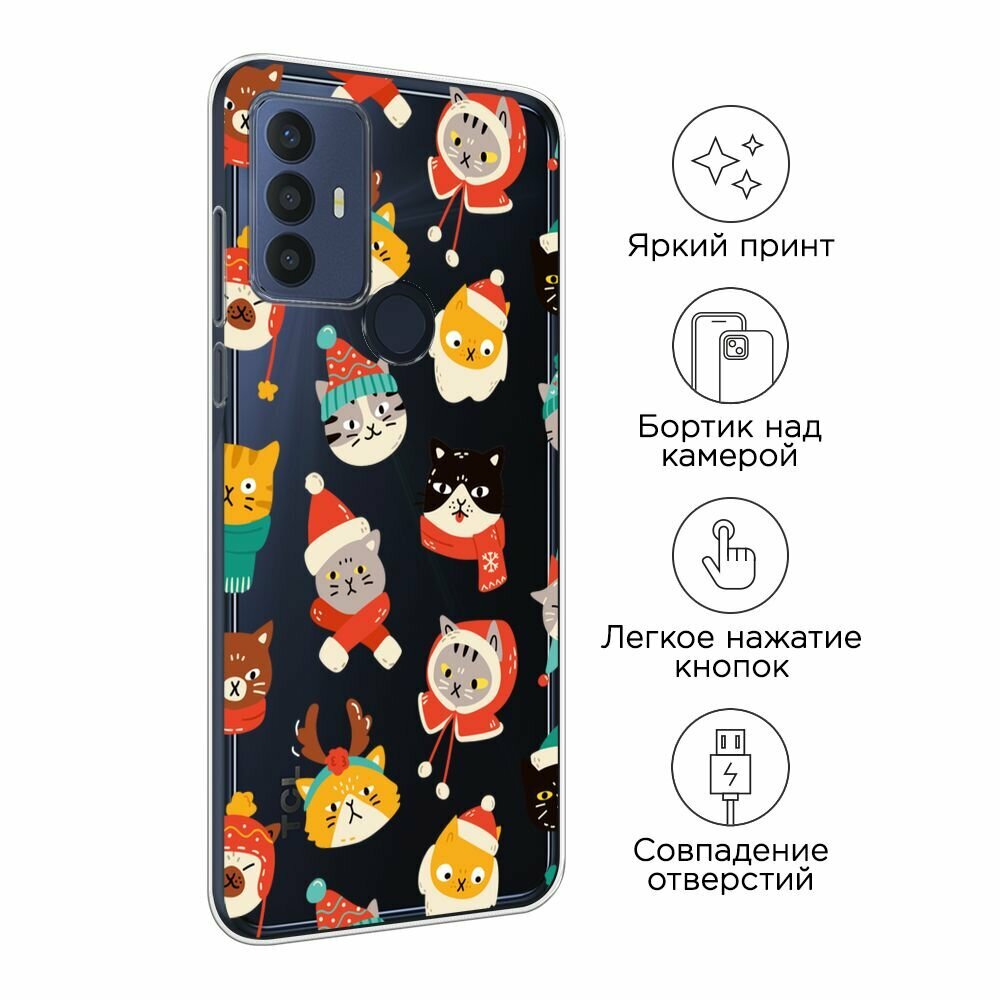 Чехол на TCL 30E/30 SE/305/306 / ТСЛ 30E с принтом Праздничные котики, прозрачный — фото 1