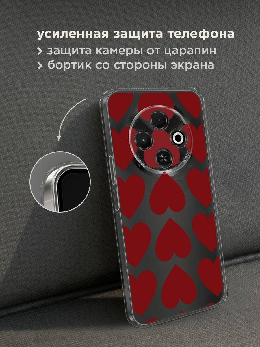 Чехол на Tecno Spark 30C / Текно Спарк 30C с принтом "Ряды сердечек паттерн - 14 февраля", прозрачный — фото 1