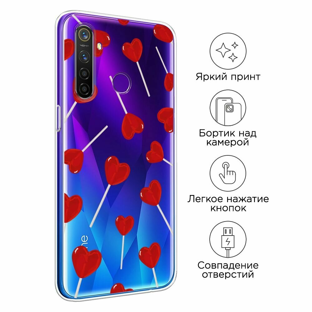 Чехол на Realme 5 Pro / Реалми 5 Про с принтом "Сердечки-леденцы 2 - 14 февраля", прозрачный — фото 1