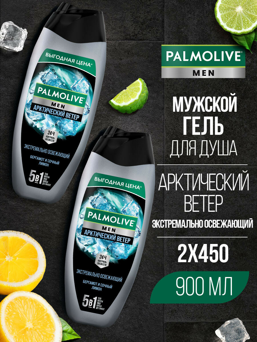 Гель для душа мужской Palmolive MEN Арктический ветер 3 в 1 для тела, волос и лица, 450 мл (2 шт)