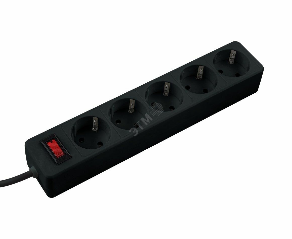 Удлинитель с сетевым фильтром 5х5м с заземл. 10А IP20 2.2кВт ПВС 3х0.75 с выкл. с индикатором сети черн. Космос FKsm5m-5g(B)