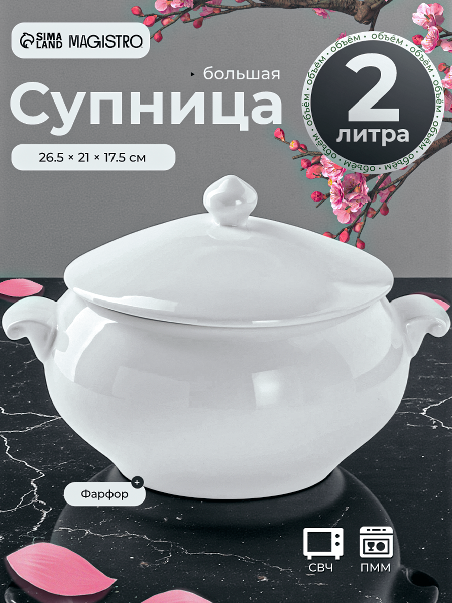 Супница фарфоровая для сервировки Magistro «Бланш», 2 л, цвет белый