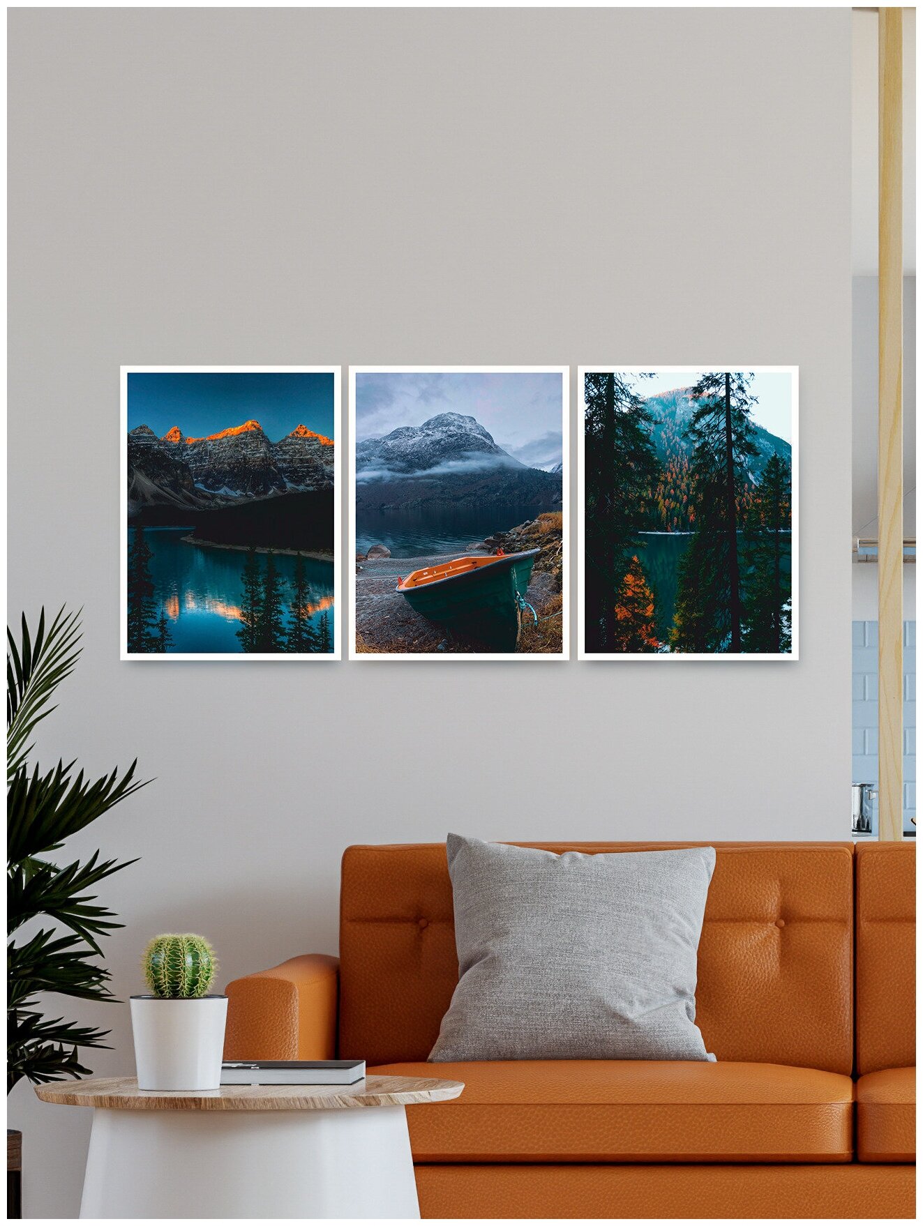 Постеры для интерьера / на стену в комнату, набор постеров Горный пейзаж, лес, лодка, природа 3 шт, 30х40 см, Мир Печатей