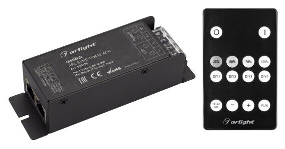Диммер ARL-SYNC-DIM Black (12-24V, 1x25A, ПДУ 14кн, RF, RJ45) (Arlight, IP20 Металл, 3 года)