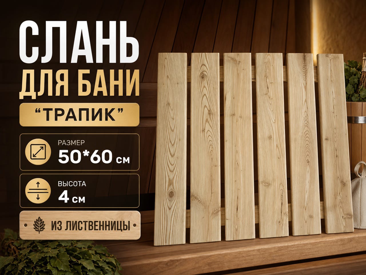 Слань для бани "Трапик", из лиственницы 50х60 см, цвет желтый