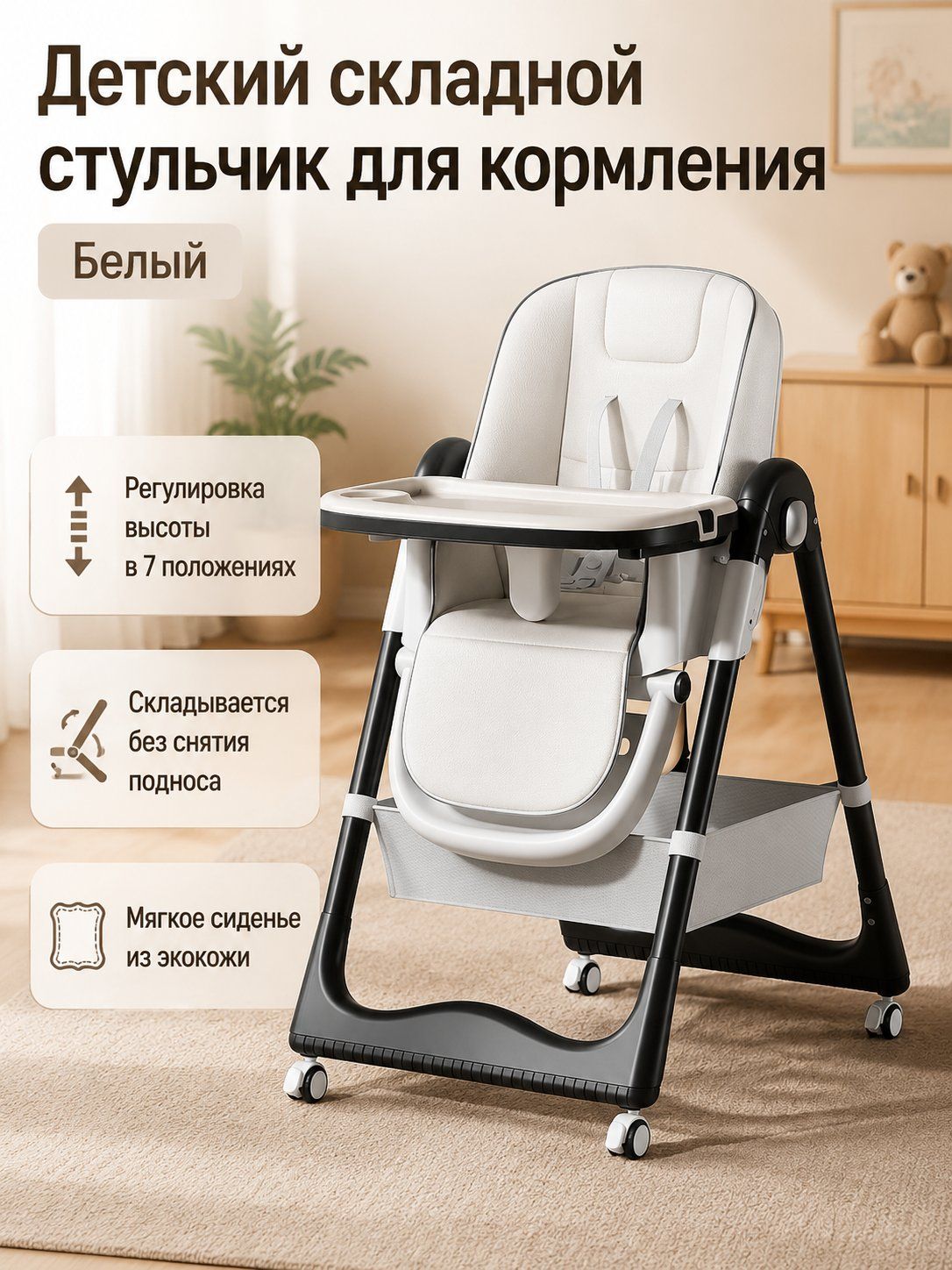 Стульчик для кормления ребенка 3в1, складное, с откидной спинкой и двойным съемным подносом, белое