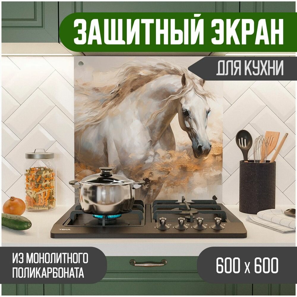 Фартук для кухни, защитный экран из акрилового стекла (поликарбонат) на кухонный фартук в зону мойки и плиты с фотопечатью. Панель на стену с рисунком Лошадь 600 х 600 х 3 мм, 600-041