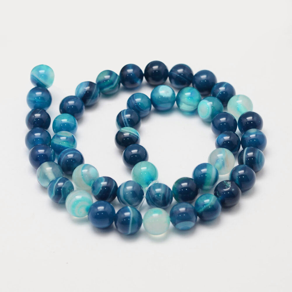 Бусины каменные, агат, полосатый, 8мм, синий, 46 шт, низка