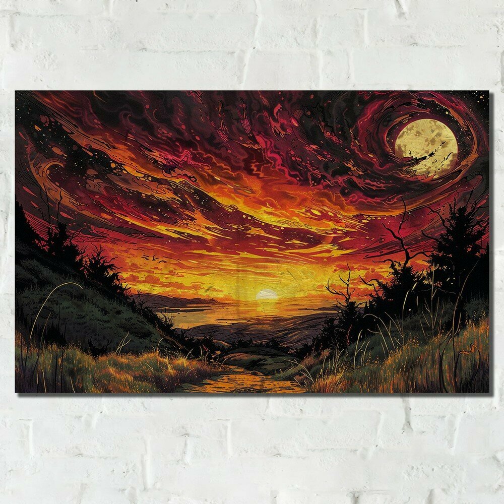 Картина интерьерная на рельефной доске янтарное небо (природа, закат, рассвет) - 15627