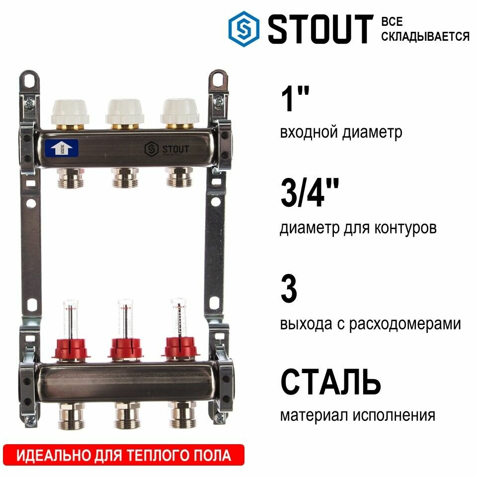 Коллектор STOUT из нержавеющей стали с расходомерами 3 выхода SMS 0917 000003